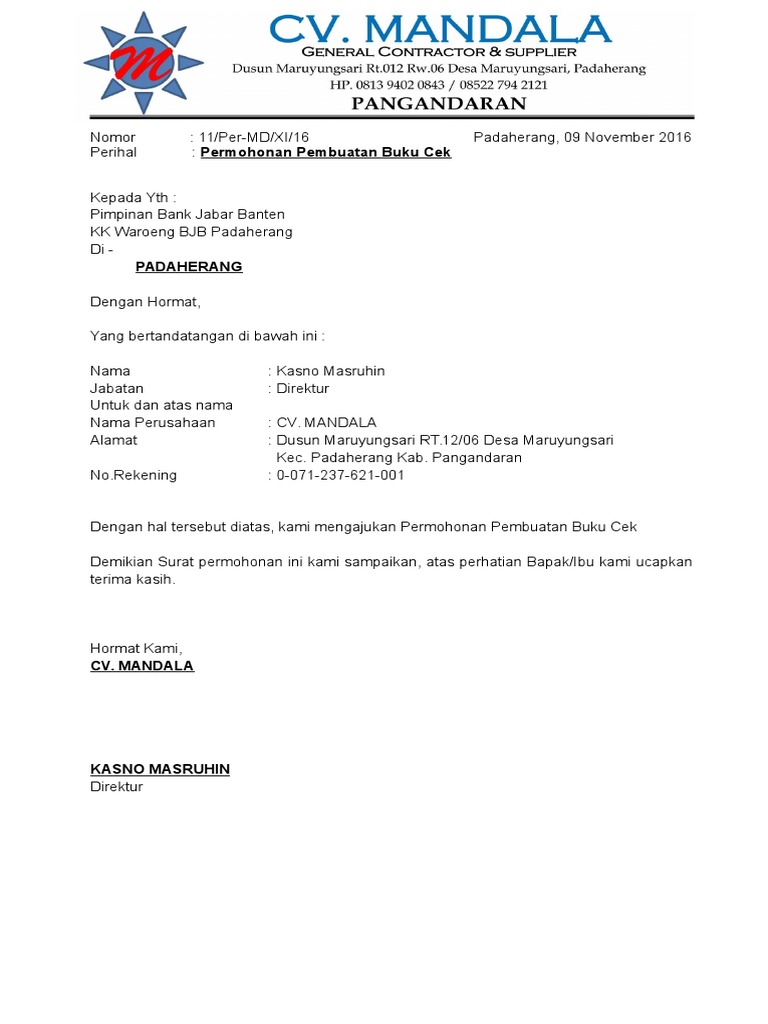 Contoh Surat Permohonan Penerbitan Buku Cek 51 Koleksi Gambar