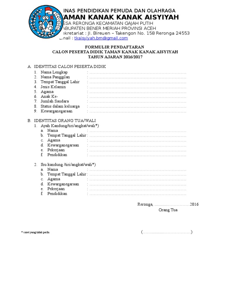 Detail Contoh Formulir Pendaftaran Tk Koleksi Nomer 3 Detail Contoh Formulir Pendaftaran Tk Koleksi Nomer 3