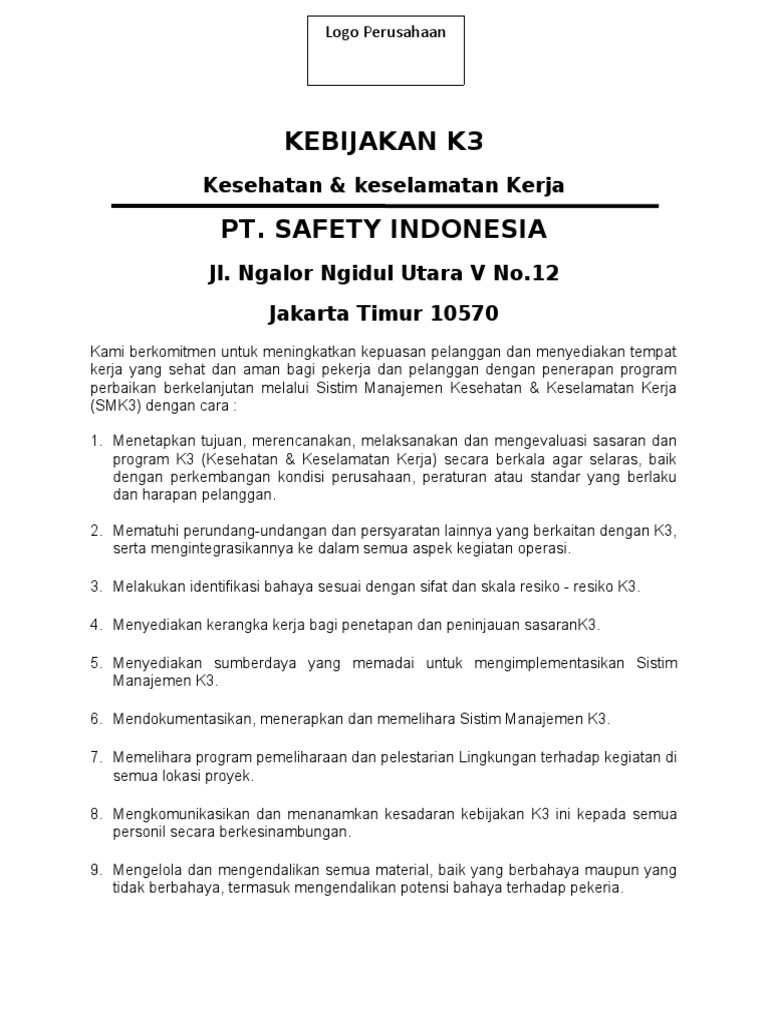 Detail Contoh Kebijakan K3 Perusahaan Koleksi Nomer 16 Detail Contoh Kebijakan K3 Perusahaan Koleksi Nomer 16