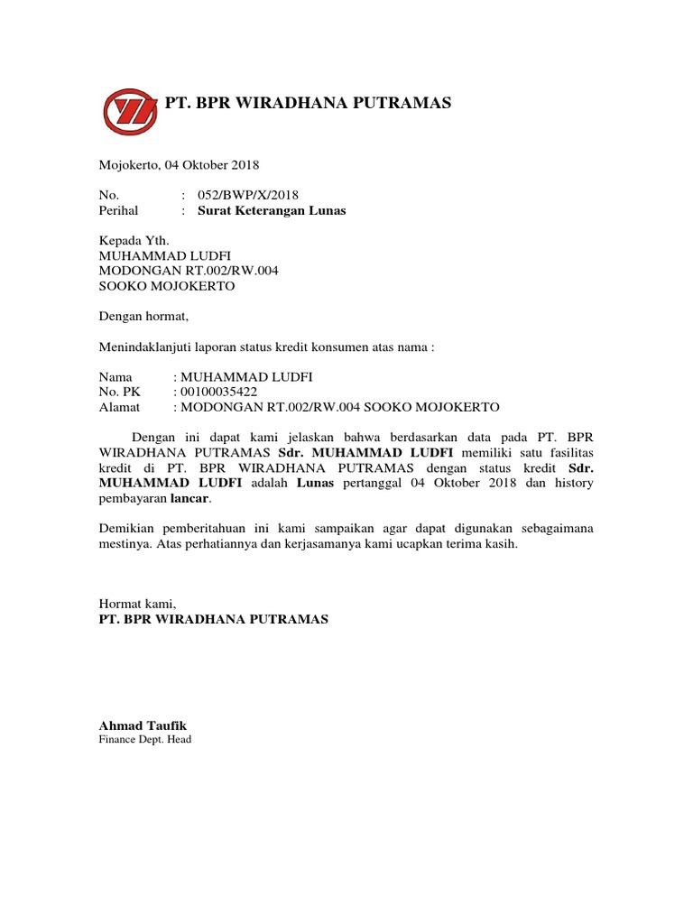 Contoh Surat Keterangan Lunas Pinjaman Contoh Surat Keterangan Lunas Pinjaman