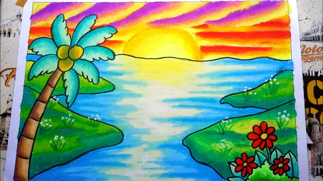 Detail Cara Menggambar Dan Mewarnai Pemandangan Sunset Dan Pantai