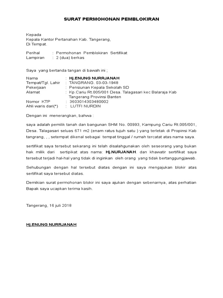 Contoh Surat Permohonan Pencabutan Blokir Sertifikat Tanah Contoh | The ... Contoh Surat Permohonan Pencabutan Blokir Sertifikat Tanah Contoh | The ...